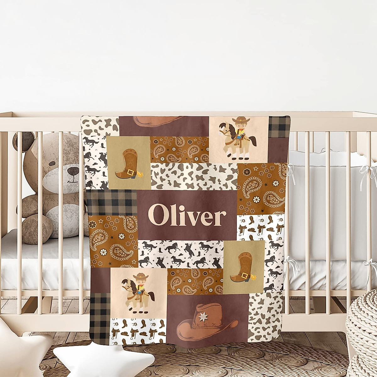 Deven Personalized Sherpa Fleece Baby Blankets for Boys,Girls,Cowboy Quilt,Custom New Born Receiving Blanket with Name for Baby Shower 30x40 in Gift