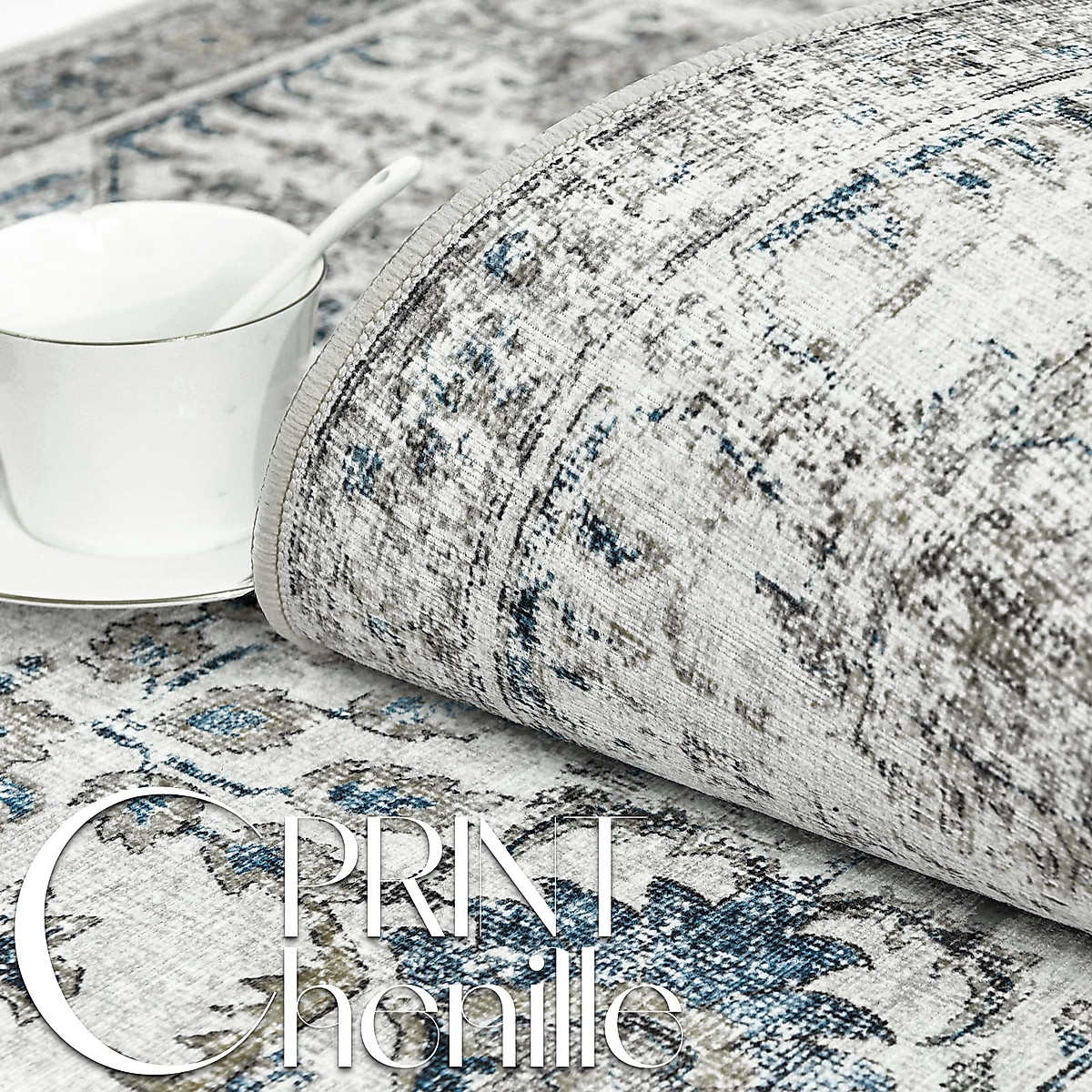 jinchan Runner Rug 3x7 Washable Rug Area Rug Indoor Floor Cover Thin Rug Retro Distressed Blue Multi Carpet Floral Print Mat Country Boho Accent Rug Non Slip for Bathroom Kitchen Bedroom Living Room