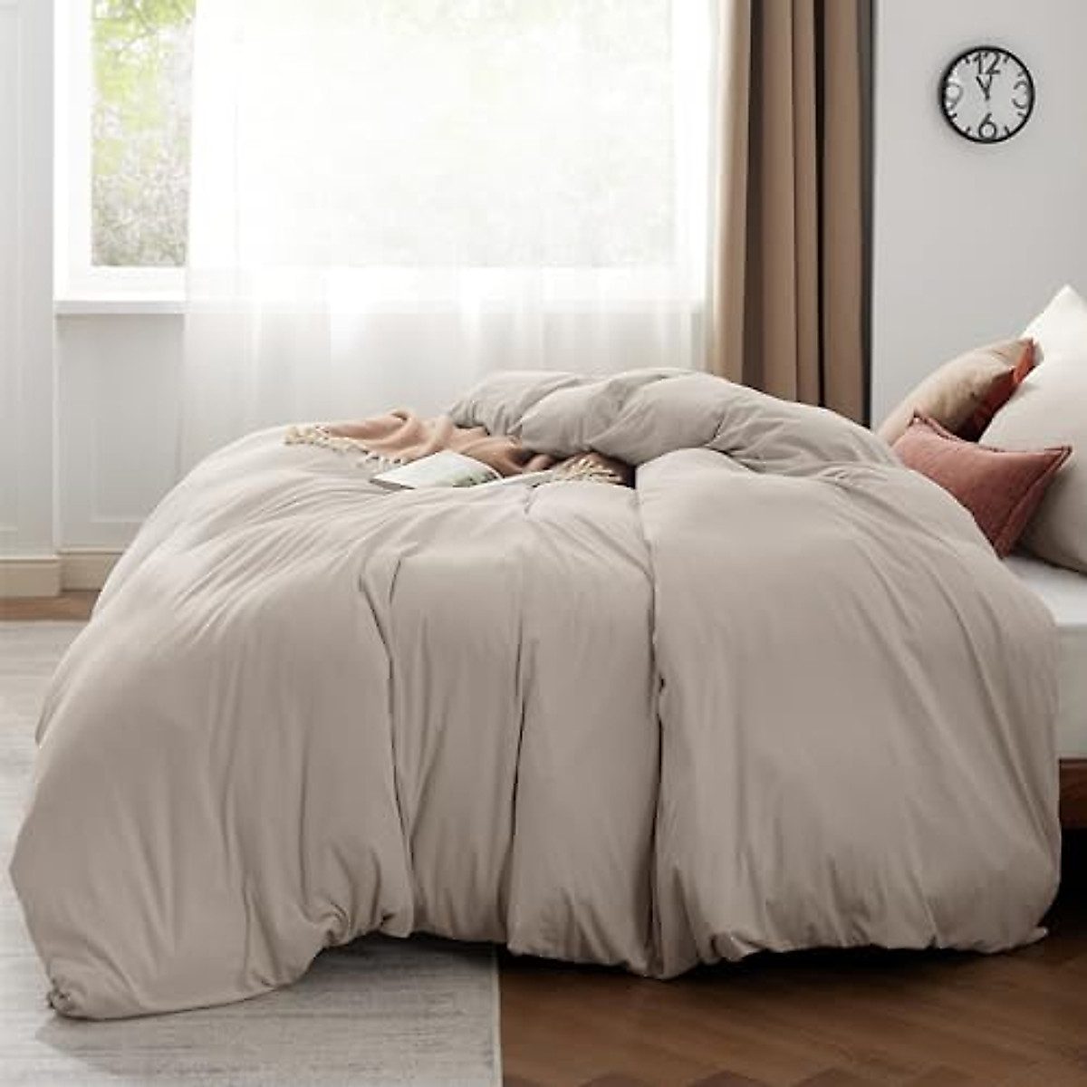 Bedsure 100% Jersey Knit Cotton Duvet Cover Queen Size - Ultra Soft T-Shirt Cotton Bedding Set, Includes 1 Duvet Cover 90x90 Inches with Zipper Closure & 2 Pillowcases (Tannish Linen)
