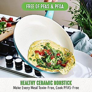 GreenLife Soft Grip Healthy Ceramic Nonstick 16 Piece Kitchen Cookware Pots and Frying Sauce Pans Set, PFAS-Free, Dishwasher Safe, Caribbean Blue