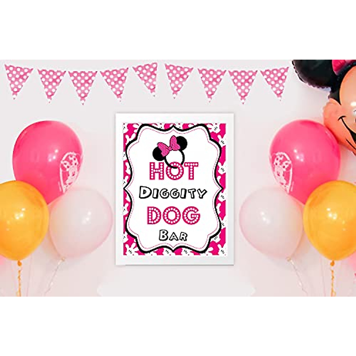 Minnie Mouse Birthday Decoration Signs | 4 Different Party Signs | 8 x 10 inch Minnie Mouse Party Supplies Birthday Sign Printed in Card stock | Minnie Mouse Clubhouse Inspired Door Signs | Food Labels Disney Decorations Hot Dog Bar Decor