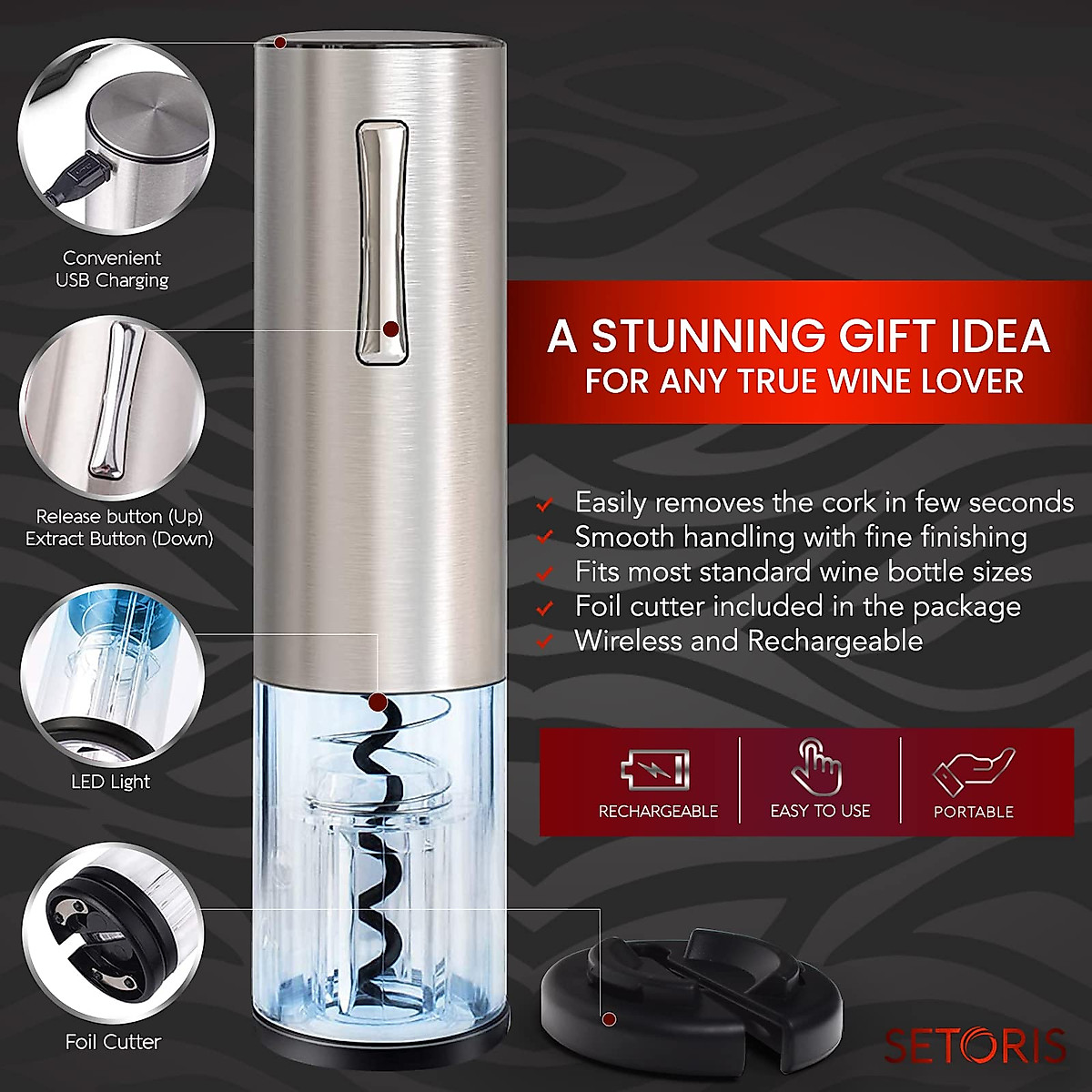 Premium Electric Wine Opener By SETORIS- Automatic Electric Wine Bottle Corkscrew Opener With Foil Cutter Set- Rechargeable Cordless Stainless Steel Bottle Opener For Home, Bars & Professional Use