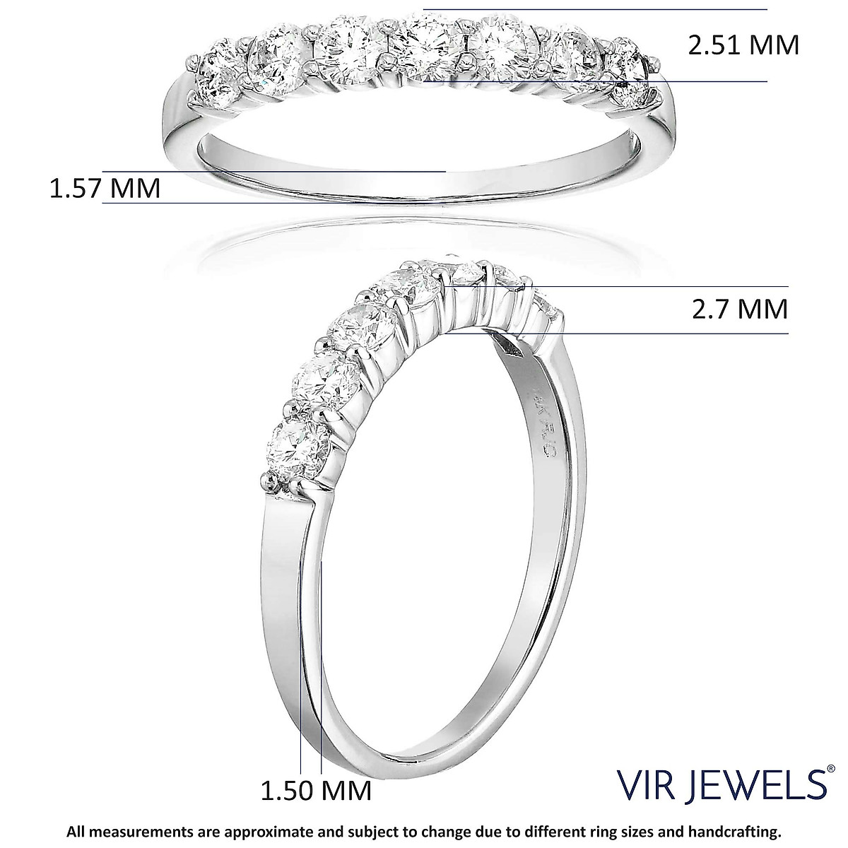 Vir Jewels 1/2 carat (ctw) Diamond Wedding Anniversary Band for Women, Round Diamond Engagement Ring 14K White Gold Prong Set 0.50 cttw, Size 7