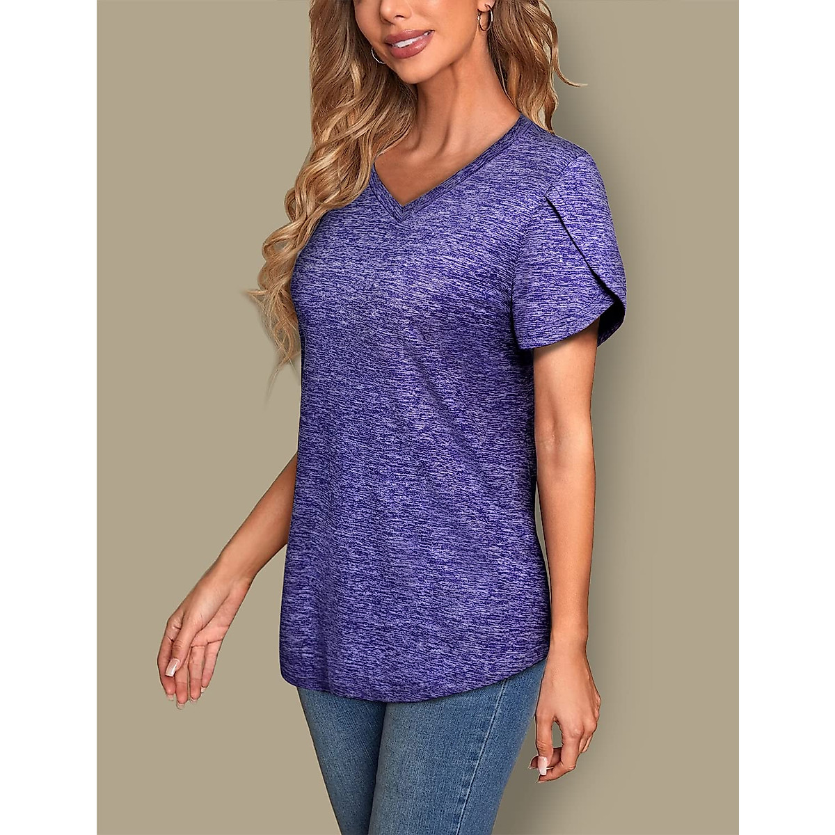 MISS FORTUNE Womens Short Sleeve Shirts Plus Size Yoga Running Workout Tulip Sleeve Quick Drying Athletic Top Purple 3XL