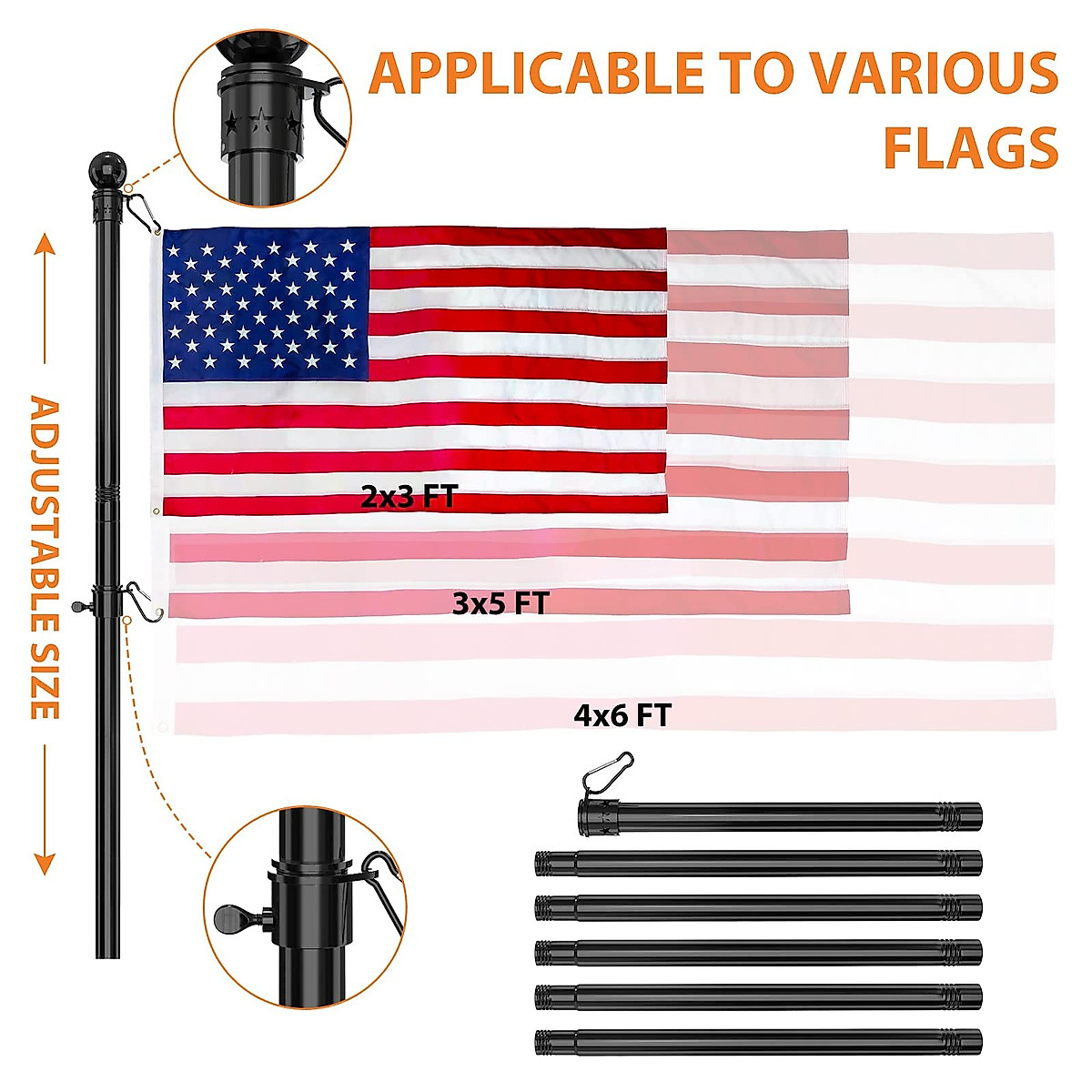 YeYeBest Flag Pole, 6 FT-2PACK Flag Pole Kit for House, 2 No-Tangle Rings Clips, Flag Holder Bracket, Stainless Steel, Black