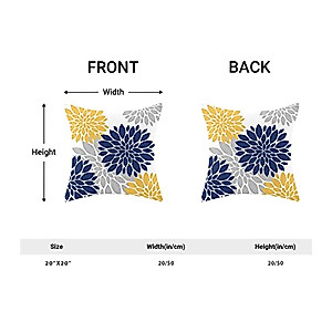 Navy Blue Yellow Pillow Covers 20x20 Inch 2 Pcs, Spring Summer Geometric Elegant Dahlia Decorative Throw Pillows, Flower Outdoor Decor Pillowcase Linen Square Cushion Cover Gift for Patio Couch Sofa