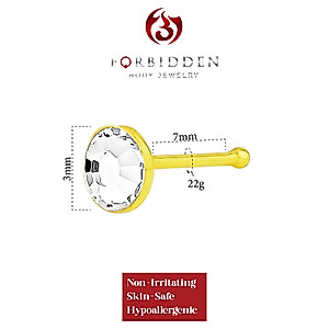 Forbidden Body Jewelry 14k Gold Plated Sterling Silver 22g 3mm Flat Top Clear Crystal Nose Stud
