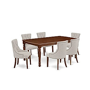 East West Furniture DOFR7-MAH-05 7Pc Dinette Set Includes a Rectangular Kitchen Table with Butterfly Leaf and Six Parson Chairs with Doeskin Fabric, Mahogany Finish