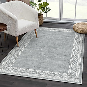 Lahome Modern Bordered Washable Bedroom Rug - 3x5 Rugs for Living Room Ultra-Thin Soft Gray Rug for Entryway Bedroom, Non-Slip Stain Resistant Small Carpet for Laundry Bedroom Office（3'x 5',Grey