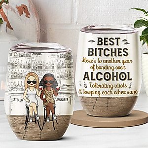 Pawfect House Here's To Another Year Of Bonding - Bestie Personalized Custom Wine Tumbler - Gift For Best Friends BFF Sisters Gift Idea For Best Friend Friendship Gifts For Women (2 Women)