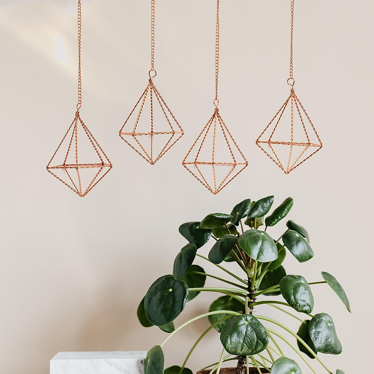 libproqia 5 Pcs Hanging Geometric Air Plants Holders Twisted Metal Airplant Hangers Small Diamond Shape Tillandsia Planter Display with Chains Himmeli Decor for Home and Office,Rose Gold