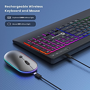 GEODMAER Wireless Keyboard and Mouse Combo with Phone Holder, Wrist Rest, Silent Rechargeable Backlit Full Size Ergonomic Keyboard and Mouse Wireless, Light Up Keyboard and Mouse for PC Mac