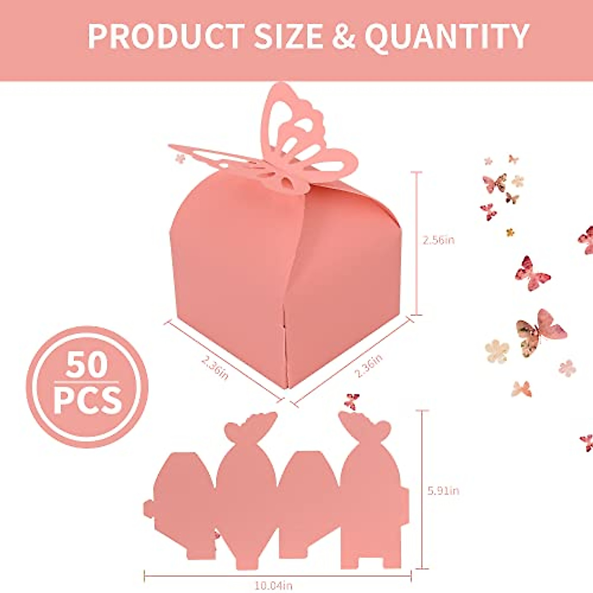 BEISHIDA 50pcs Pink Butterfly Decorations Peal-Gloss Butterfly Gift Box Small Butterfly Candy Boxes for Party Favors Baby Shower Wedding Birthday Party(2.4 x 2.4 x 2.4 Inch)