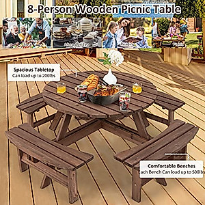 Tangkula 8 Person Wood Picnic Table, Outdoor Round Picnic Table with 4 Built-in Benches, Umbrella Hole, Outside Table and Bench Set for Garden, Backyard, Porch, Patio, 500lbs Capacity Per Bench