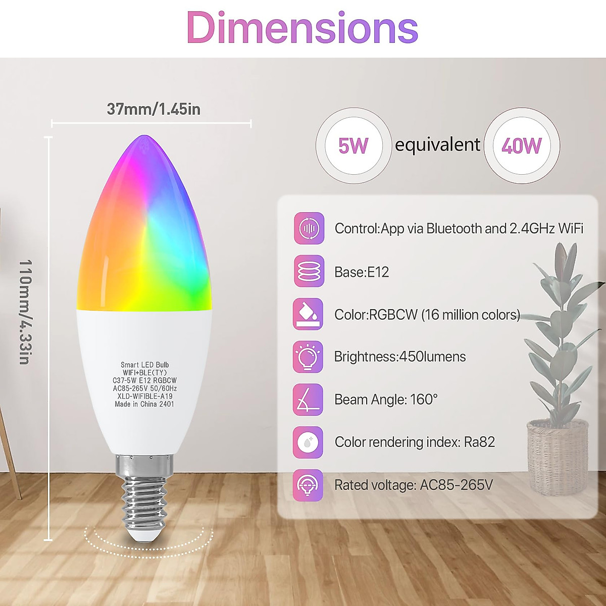 ORALUCE Smart Light Bulb Work with Alexa & Google Home, C37 E12 LED Light Bulb 40W Equivalent, 2.4GHz WiFi & Bluetooth Color Changing APP Dimmable, Multicolor LED Bulb 450 Lumens,2P
