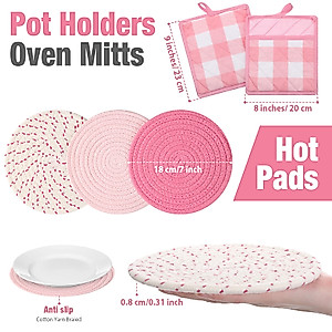 Oven Mitts and Pot Holders 7 Sets, Heat Resistant Kitchen Gloves Pads Potholders for Christmas Women Gifts Cotton Pot Holders Farmhouse Kitchen Accessories Gift for Cooking Baking(Pink White, Cotton)