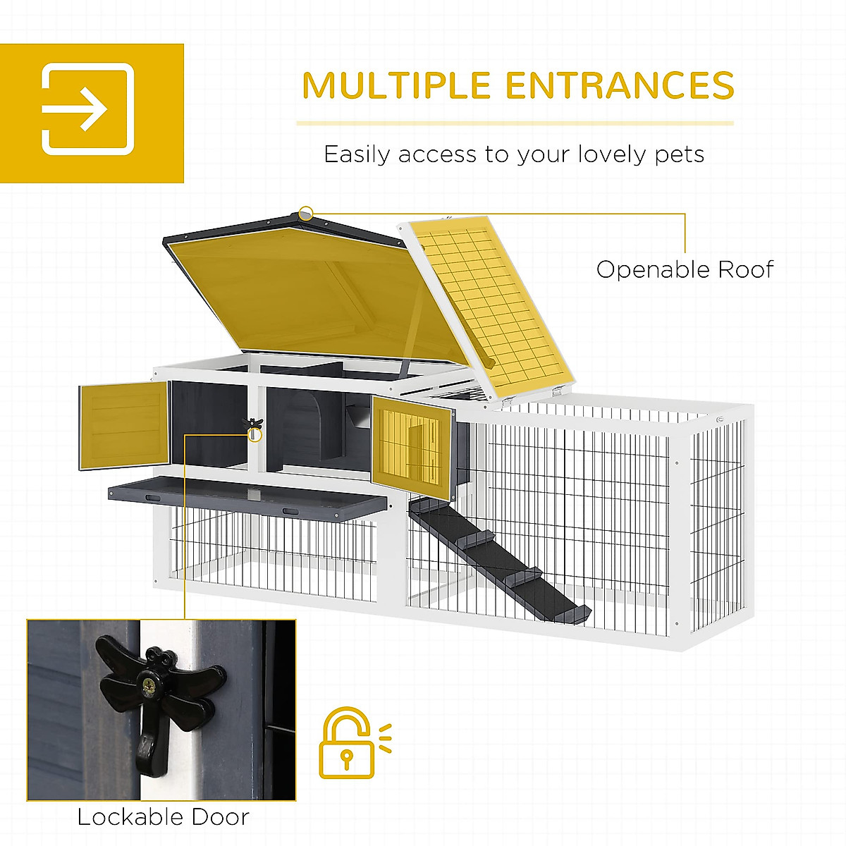 PawHut Rabbit Hutch, 2 Story Outdoor Bunny Cage with Slide-Out Tray, Run Cage, Openable Top for Rabbits, Guinea Pig, Dark Gray