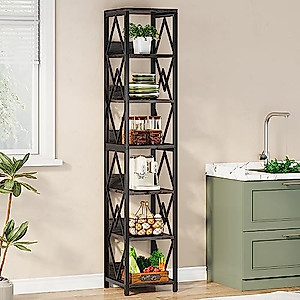 LITTLE TREE 75 Inches Tall Narrow Bookshelf, 6 Tiers Skinny Open Bookcase with Heavy Duty Metal Frame, Storage Display Shelves Rack for Living Room, Bedroom, Grey