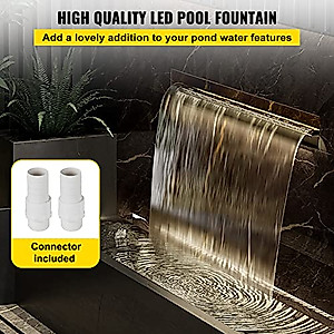 VEVOR Pool Fountain Stainless Steel Pool Waterfall 35.4" x 4.5" x 3.1"(W x D x H) with LED Strip Light Waterfall Spillway with Pipe Connector Rectangular Garden Outdoor