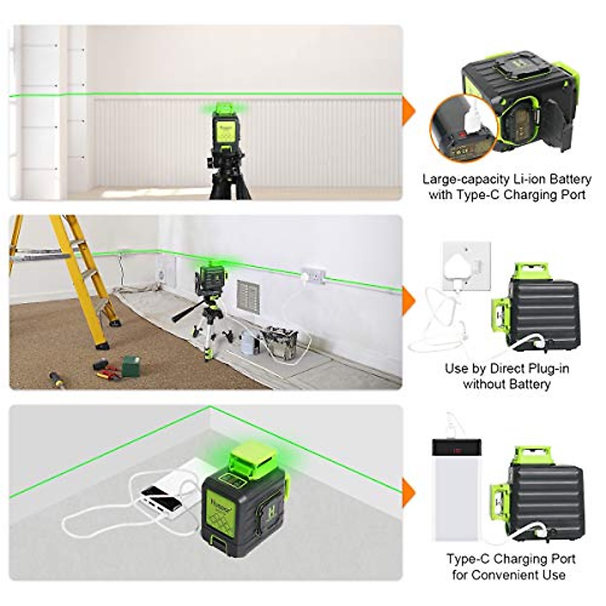 Huepar 2 x 360 Cross Line Self-leveling Laser Level, 360° Green Beam Dual Plane Leveling and Alignment Laser Tool, Li-ion Battery with Type-C Charging Port & Hard Carry Case Included - B02CG