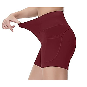 Dragon Fit High Waist Yoga Shorts for Women with 2 Side Pockets Tummy Control Running Home Workout Shorts (Large, Wine Red)