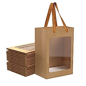 12 Pcs Brown Paper Gift Bags with Transparent Window, 9.84"x7.0"x5.12" Kraft Shopping Bags with Handles for Present, Festivals Party