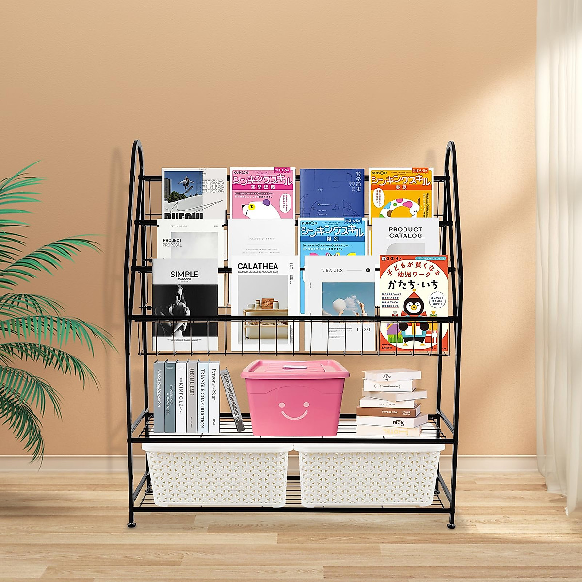 Bookshelf,Large Black Bookcase,Large Capacity Books Toys Organizer,Kids Black Bookshelf LargeFreestanding for Children Room,Stable Bookcase Bookstore Library Unit Storage Kids Bed Living Room