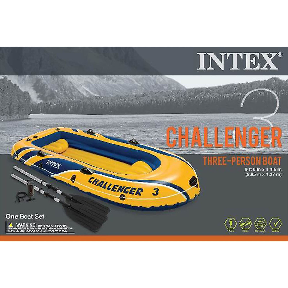 Intex Challenger 3 Boat 2 Person Raft & Oar Set Inflatable with Motor Mount Kit