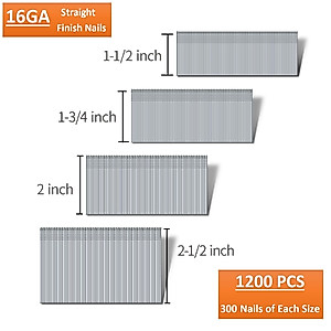 SITLDY Straight Finish Nails, 16 Gauge, 1200-Pack (1-1/2", 1-3/4", 2", 2-1/2", 300 Per Size), Galvanized, Assorted Size Project Pack