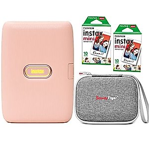 Fujifilm Instax Mini Link Smartphone Printer + Fujifilm Instax Mini Instant Film (20 Sheets) Bundle with Sturdy Tiger Travel Case and Stickers + Deals Number One Cleaning Cloth (Dusky Pink)