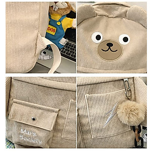 Aoakva Kawaii Bear Corduroy Backpack Cute for Teen Girl Boy Middle School Large Size (Brown)