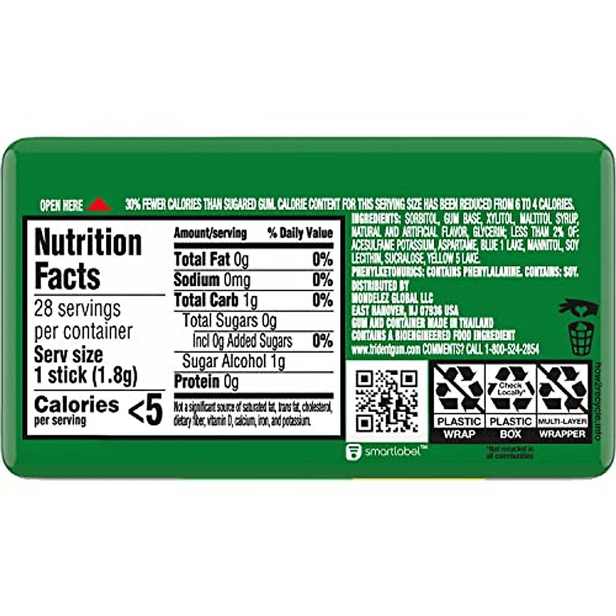 Trident Spearmint Sugar Free Gum, 6 Pocket Packs of 28 Pieces (168 Total Pieces)