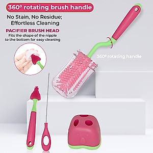 Triplevo 3 in 1 Silicone Baby Bottle Cleaning Brush Kit with Stand – Baby Cleaning Brush Set for Baby Milk Bottles Straws Breast Pumps & Other Accessories – Capable to 360° Overall Cleaning (Pink)