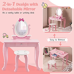 KOTEK 2-in-1 Kids Vanity with Detachable Top & 360° Rotating Mirror, Little Girls Vanity Set with Mirror, Stool and Drawer, Pink Princess Dressing Table & Chairs, Makeup Vanity Desk for Toddler 3-7