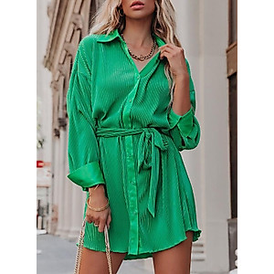 Dokotoo Ladies Long Sleeve Shirt Dresses for Women 2023 Elegant Fall Satin Collared Lapel V Neck Button Down Teacher Cothes Pleated Swing Solid Comfort Ribbed Mini Short Dress with Belt Green X-Large
