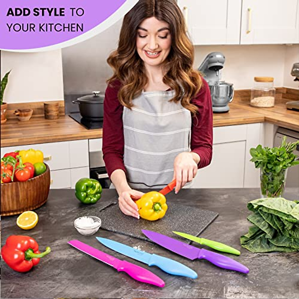 nuovva Kitchen Knife Set with Colour Coding 5 Piece Coloured Knives Set Stainless Steel