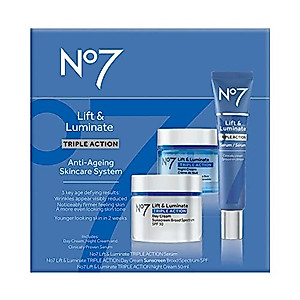 No7 Lift & Luminate Triple Action Skincare System - Broad Spectrum Anti Aging Day Cream SPF 30 + Vitamin C Anti Wrinkle Face Serum + Collagen Peptide Brightening Night Cream (3 Piece Kit)