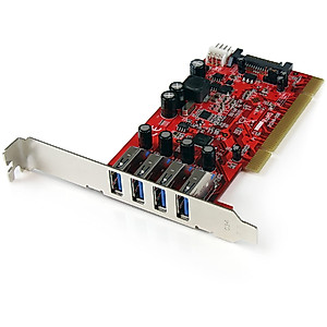 StarTech.com 4 Port PCI SuperSpeed USB 3.0 Adapter Card with SATA/SP4 Power, Quad Port PCI USB-A 3.0 (5Gbps) Controller Card, Red, Windows Only , TAA (PCIUSB3S4)