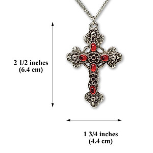 Gothic Filigree Cross with Red Stones Medieval Renaissance Pewter Pendant Necklace