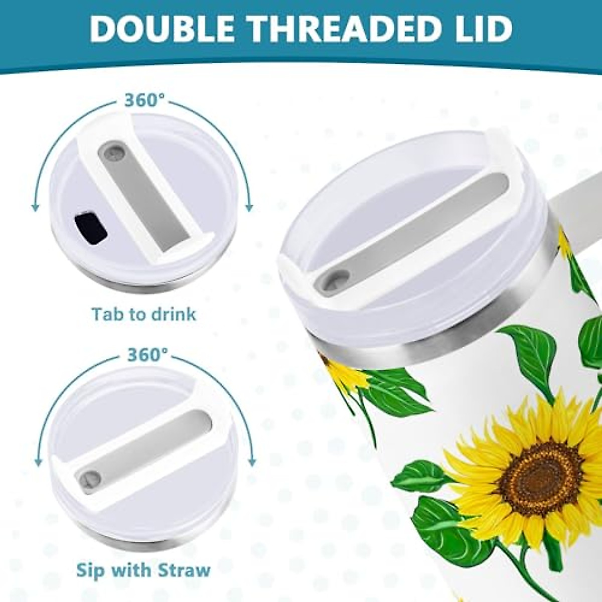 RPLIFE Bright Sunflowers Green Leaves 40 Oz Tumbler with Handle and Straw, Stainless Steel Water Bottle with Straw, Tumbler for Men