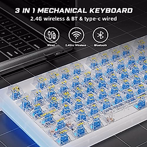 AULA Wireless Mechanical Keyboard, 3 in 1 Hot Swappable RGB Mechanical Gaming Keyboard with Transparent keycaps, 17 RGB Modes and 19 Side Light Modes, 87 Keys Anti-ghosting for Windows Mac PC Gamers