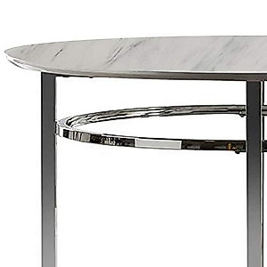 Benjara Contemporary Round Dining Table with Faux Marble Top, White and Chrome