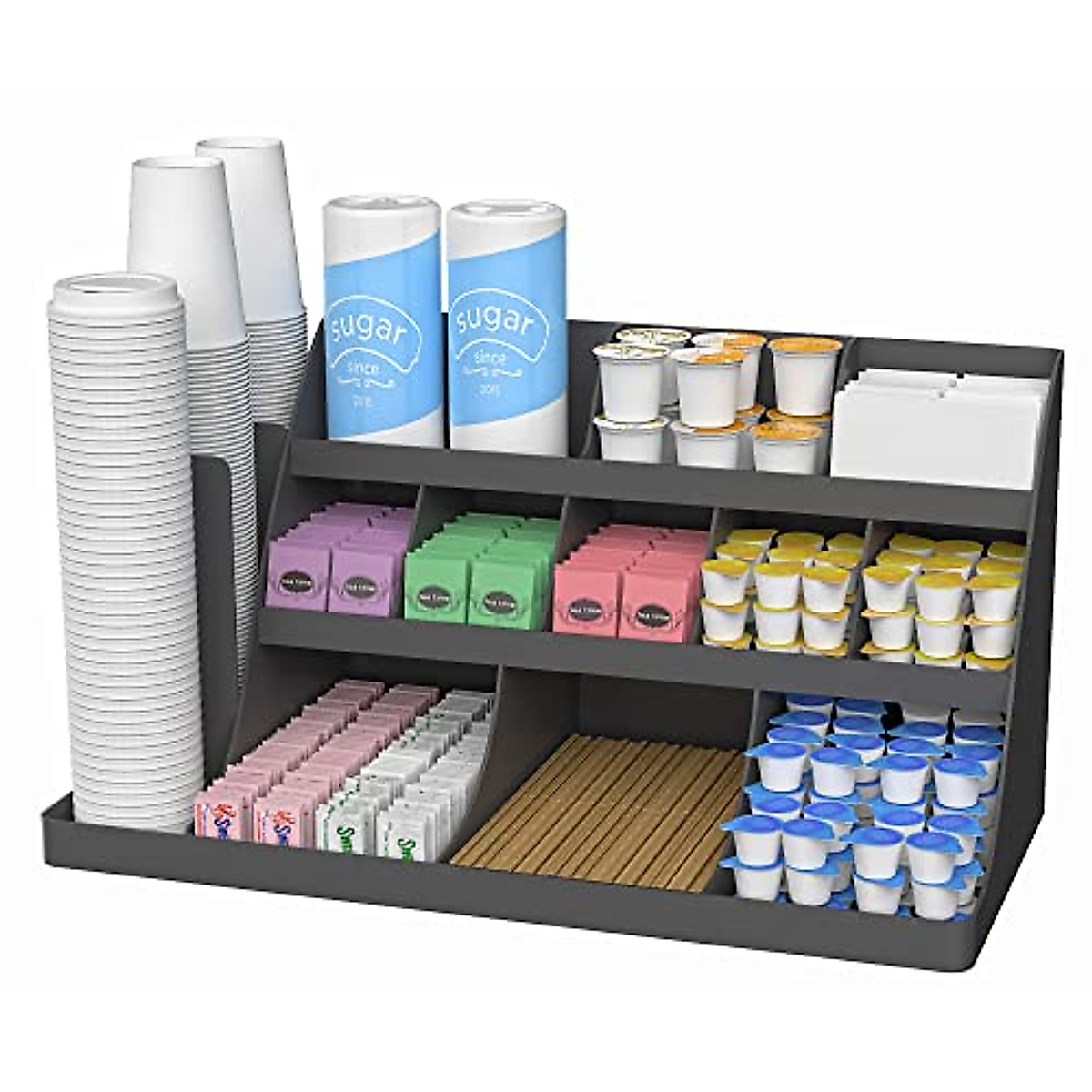 Mind Reader 14 Compartment 3 Tier Large Breakroom Coffee Condiment Organizer, Black