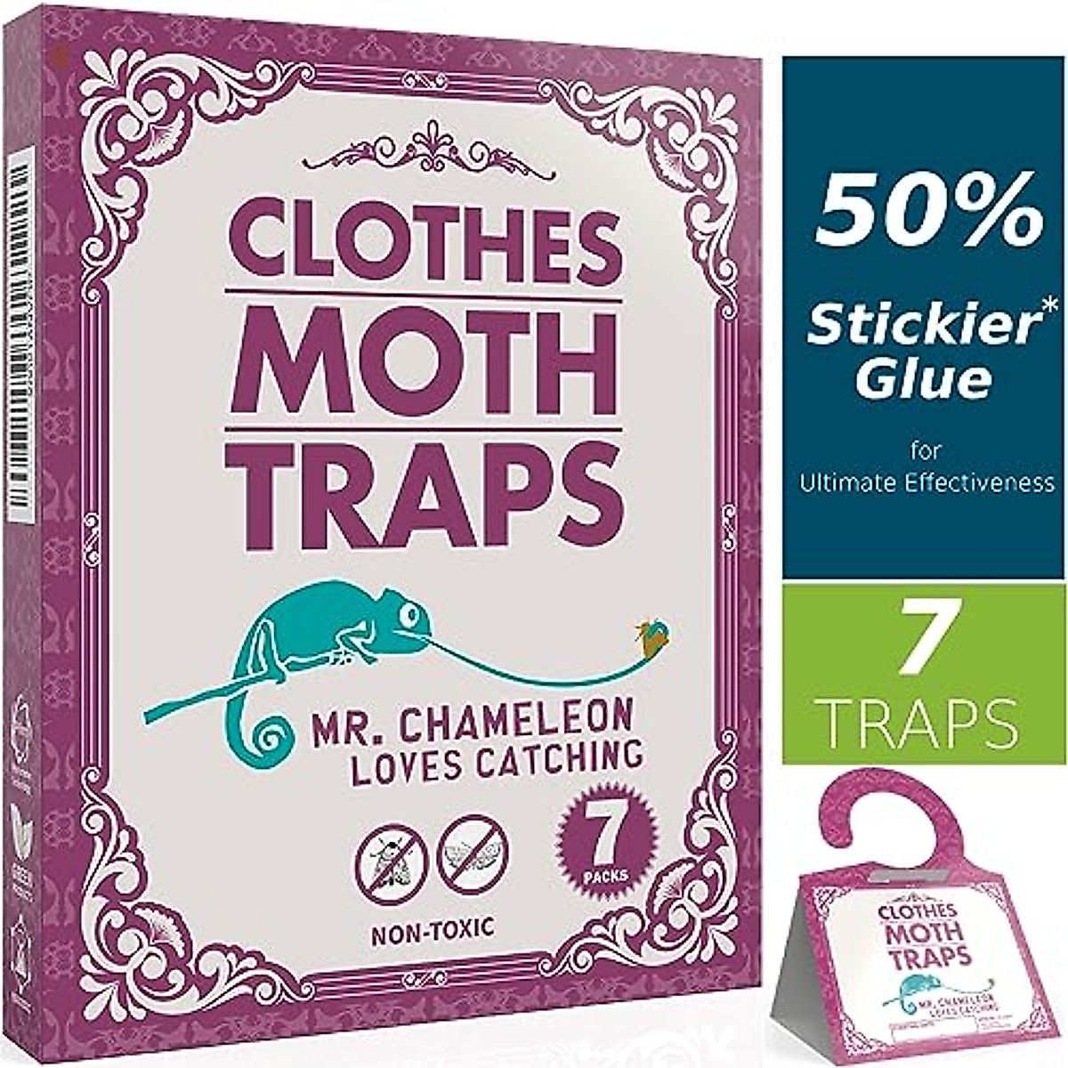 Mr.Chameleon Moth Traps for Clothes - 50% Stickier Glue for Ultimate Effectiveness - 7 Pack Moth Traps - Non-Toxic Clothing Moth Traps with Pheromones Prime in Your Kitchen - Odor-Free & Natural