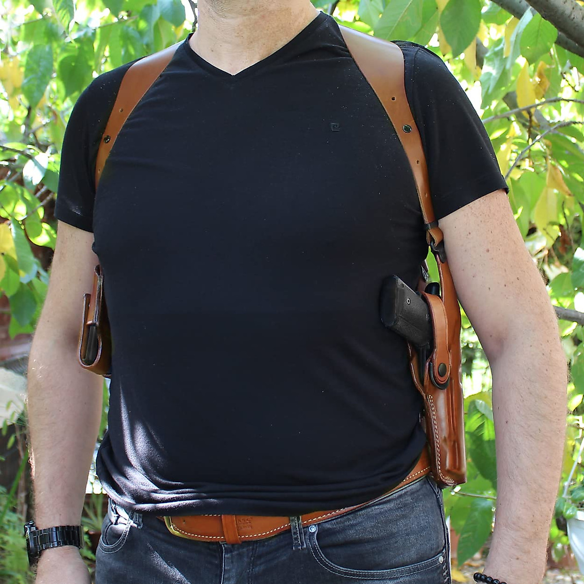 Premium Leather Vertical Shoulder Holster System with Double Magazine Carrier for Kimber 1911 5'' Inch BBL, Right Hand Draw, Brown Color #1111#