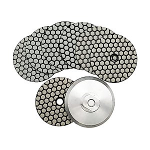 BRSCHNITT Dry Diamond Polishing Pad Set,7pcs 4 inch (#50*4，100*3),for Granite Stone Marble Sanding used on Grinder or Polisher, with Hook & Loop 5/8-11 Aluminum Backing Holder Pads