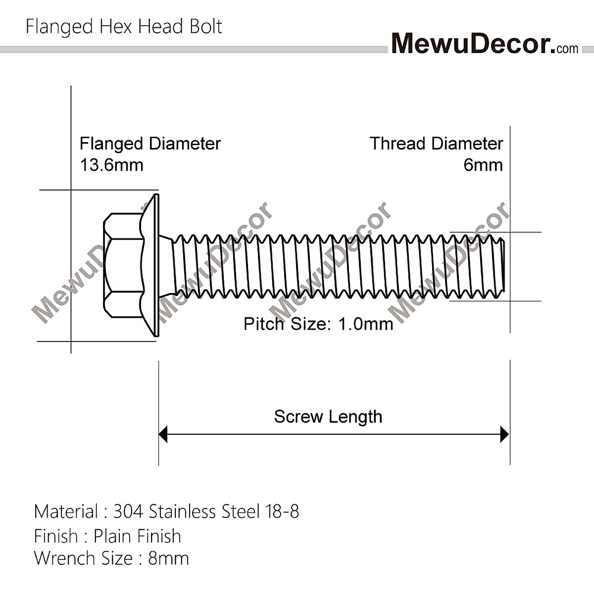 M6-1.0 x 20mm Flanged Hex Head Bolts Flange Hexagon Screws, Stainless Steel 18-8 (304), Plain Finish, 25 PCS