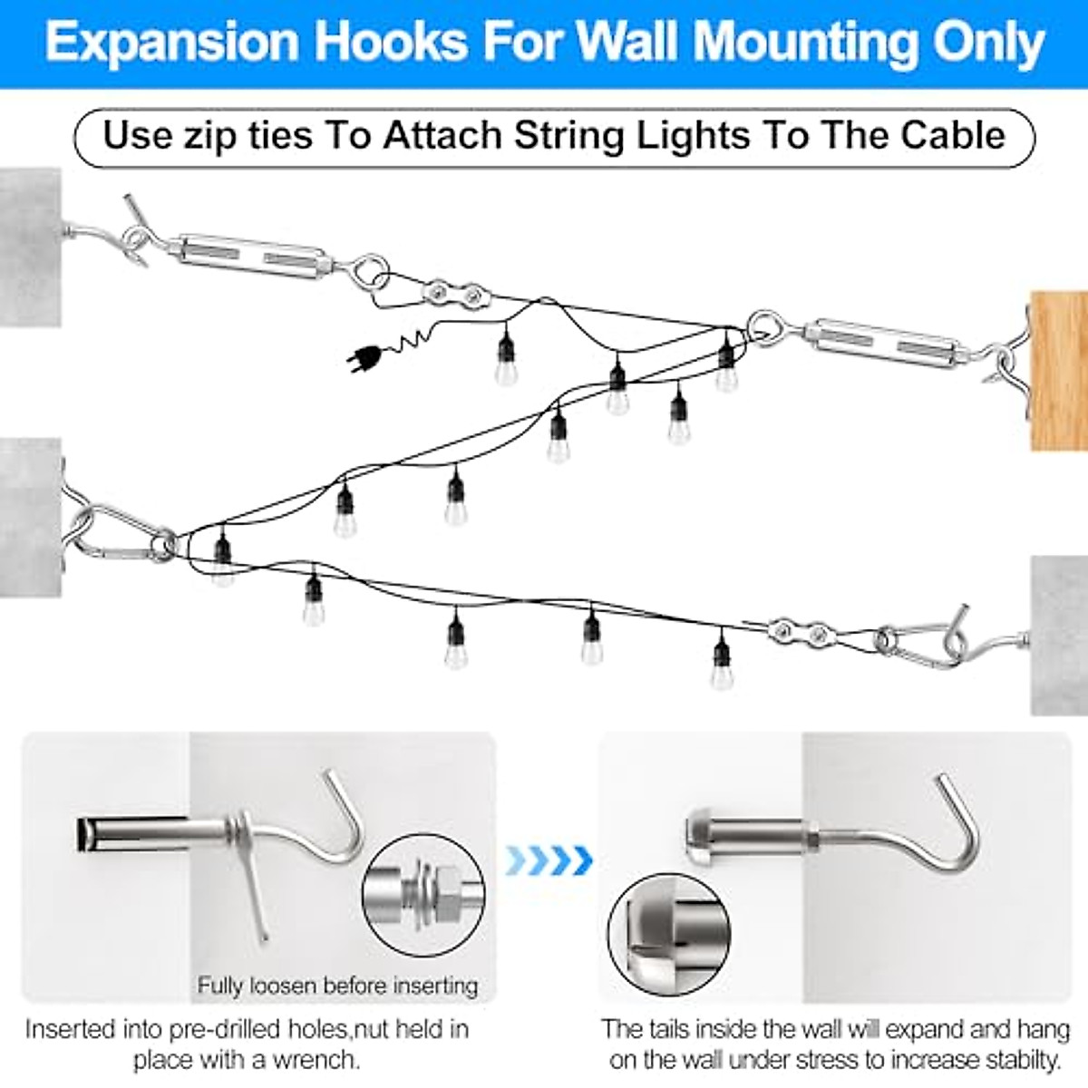 UGarden String Light Hanging Kit with 170ft Coated Stainless Steel 304 Tension Wire Rope, Outdoor Light Guide Wire kit, String Lights Suspension Kit