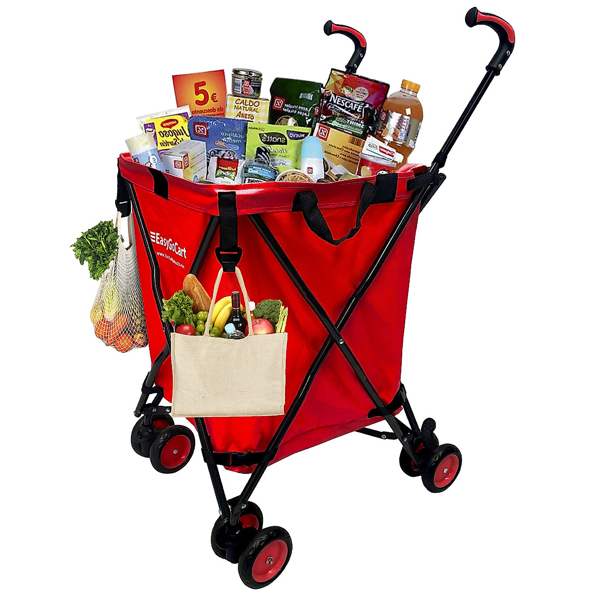 EasyGo Rolling Cart Folding Grocery Shopping Cart Laundry Basket Rolling Utility Cart with Wheels – Removable Canvas Bag - Versa Wheels & Rear Brakes - Easy Folding 120lbs Capacity – Copyrighted – RED