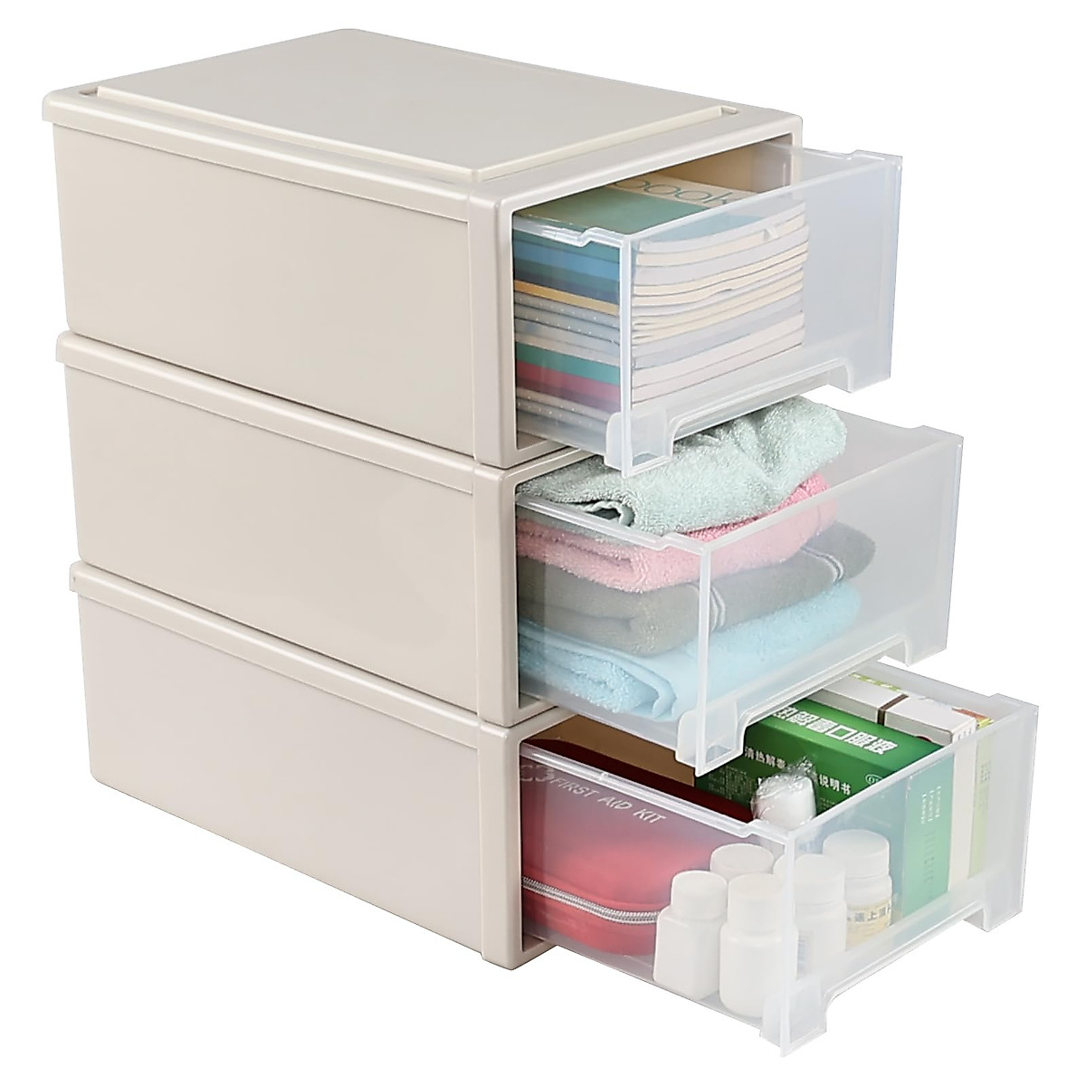 Neadas 13 Quarts 3 Packs Plastic Stacking Storage Drawers, Plastic Storage Drawer Unit